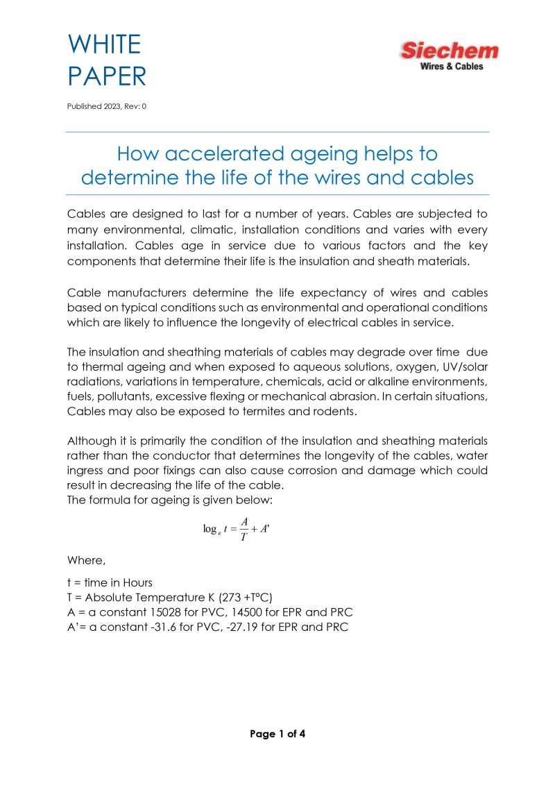 White Paper: How Accelerated ageing helps to determine the life of the wires and cables - Siechem